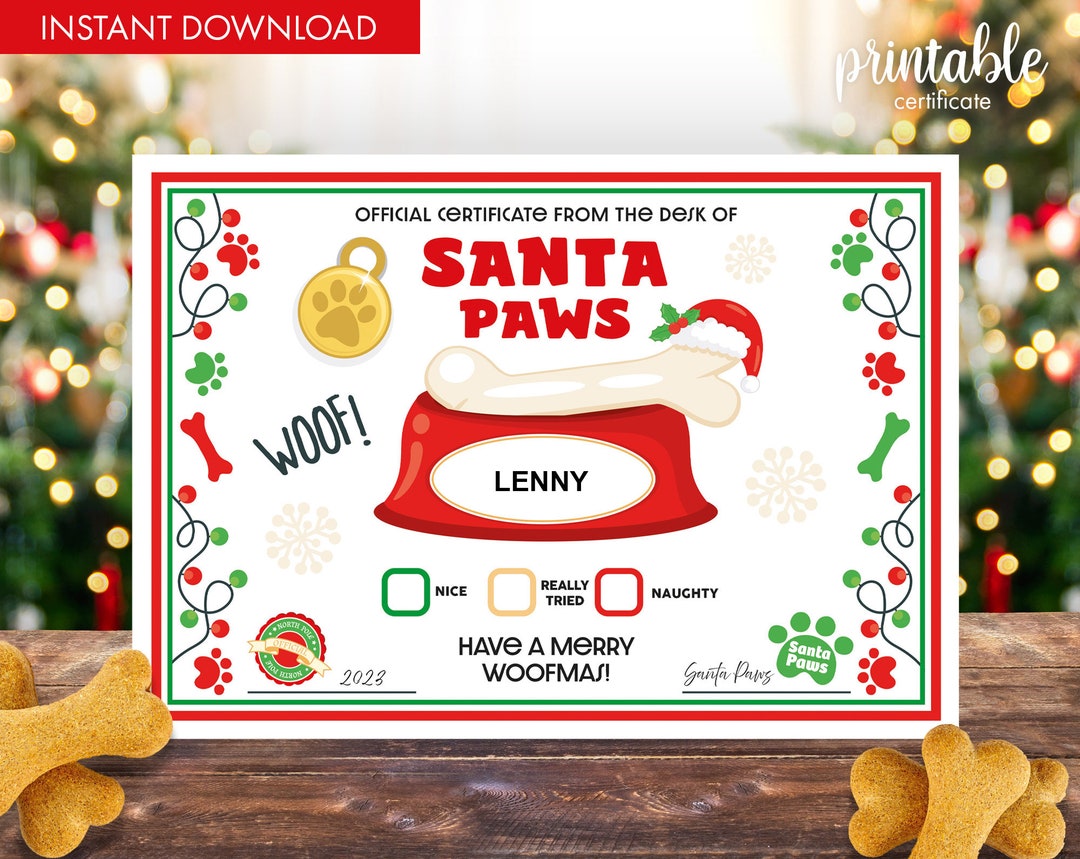 Printable Christmas Santa Paws Dog Nice List Certificate Good Dog ...