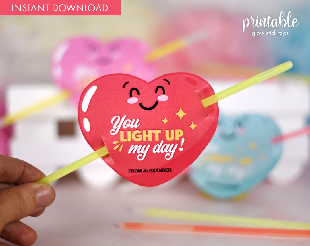 Printable Valentines Glow Stick Tags | Class Mates Gift | Heart Shape ...