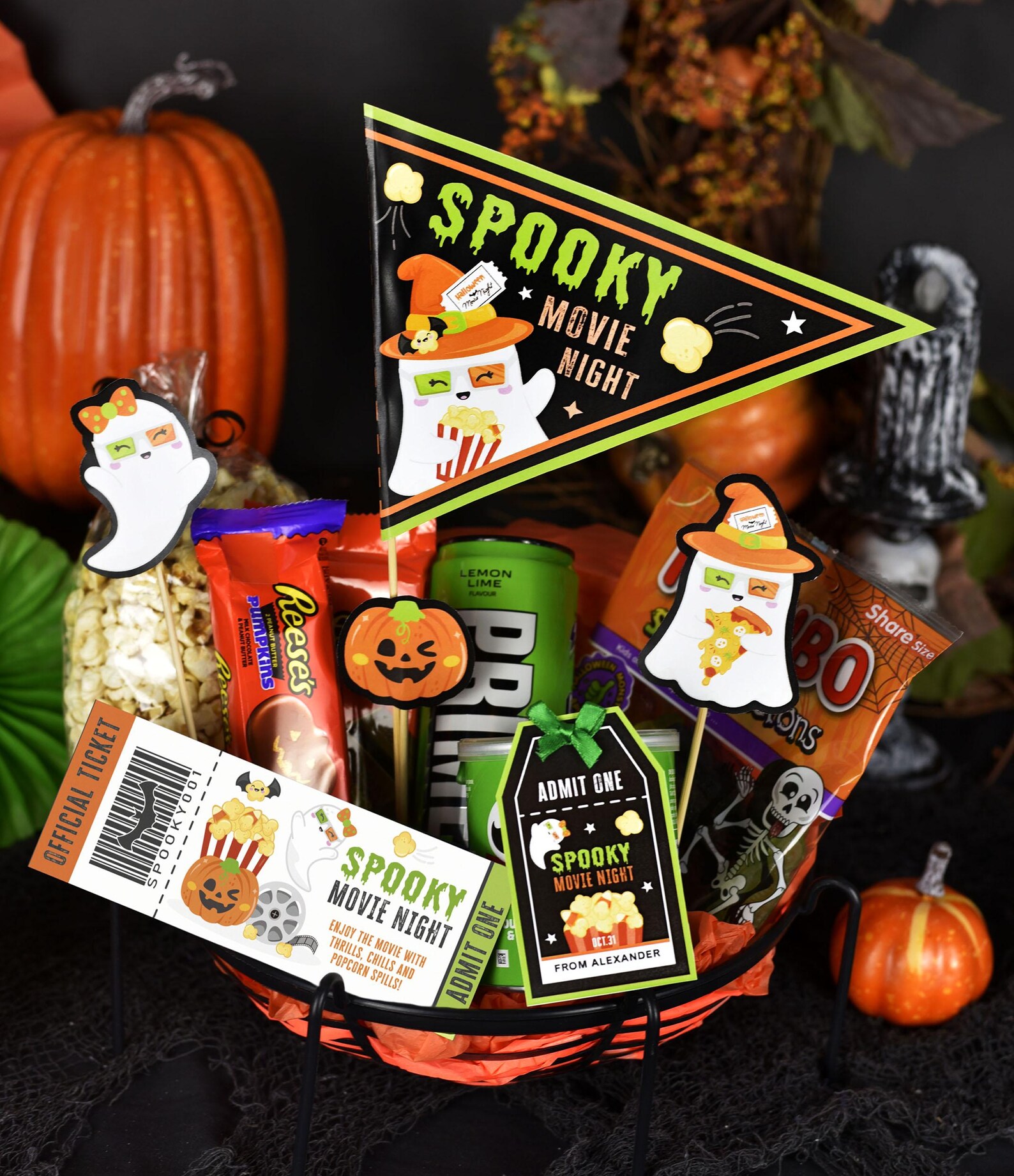 Halloween Movie Night Printables: Gift Basket Flags & Tags (PDF) - Etsy