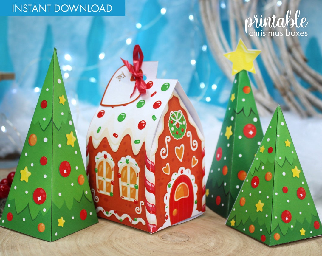 Printable Christmas Gingerbread House Box and Christmas Tree Gift Box ...