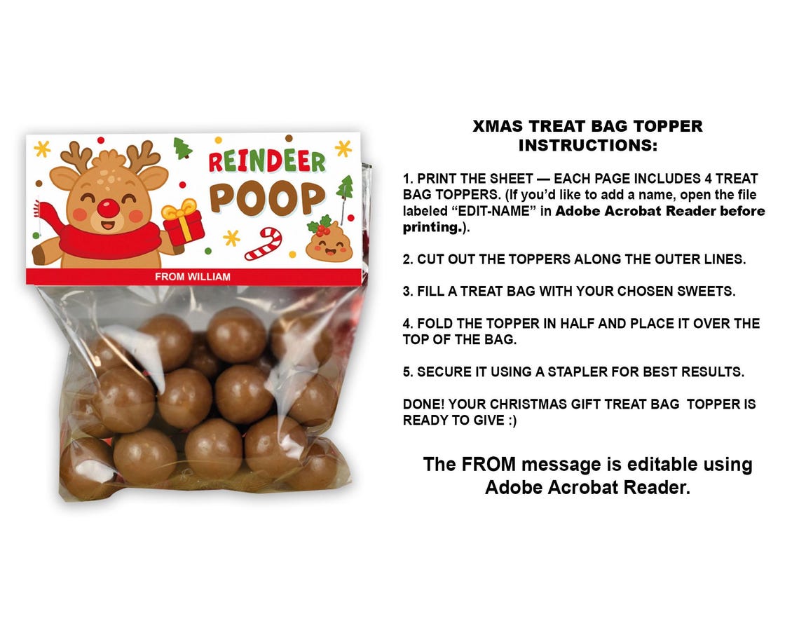Rudolph Poop Treat Bag Topper • Reindeer Poop Printable • Christmas ...