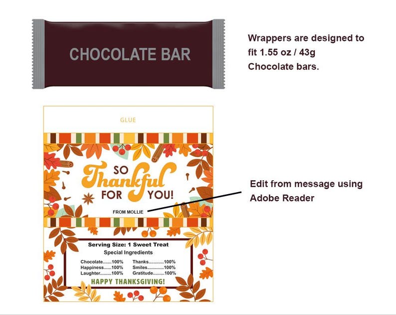 Thanksgiving Chocolate Bar Wrapper: 'thankful' Party Favor (digital ...