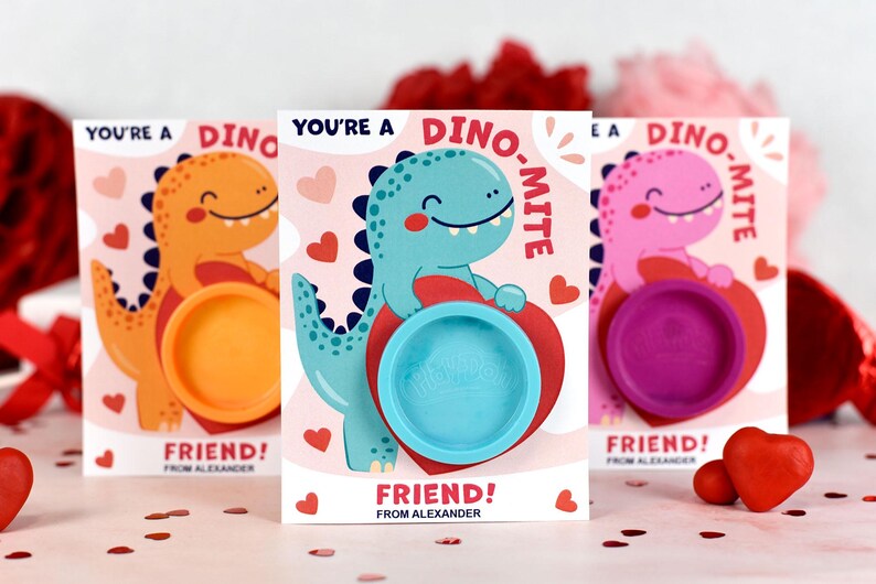 Printable Dinosaur Valentine's Day Play Dough Card Classroom Gift Class ...