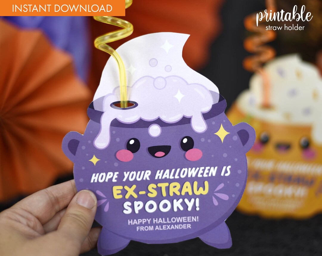 Printable Halloween Straw Holders Pumpkin & Cauldron | Non-candy ...