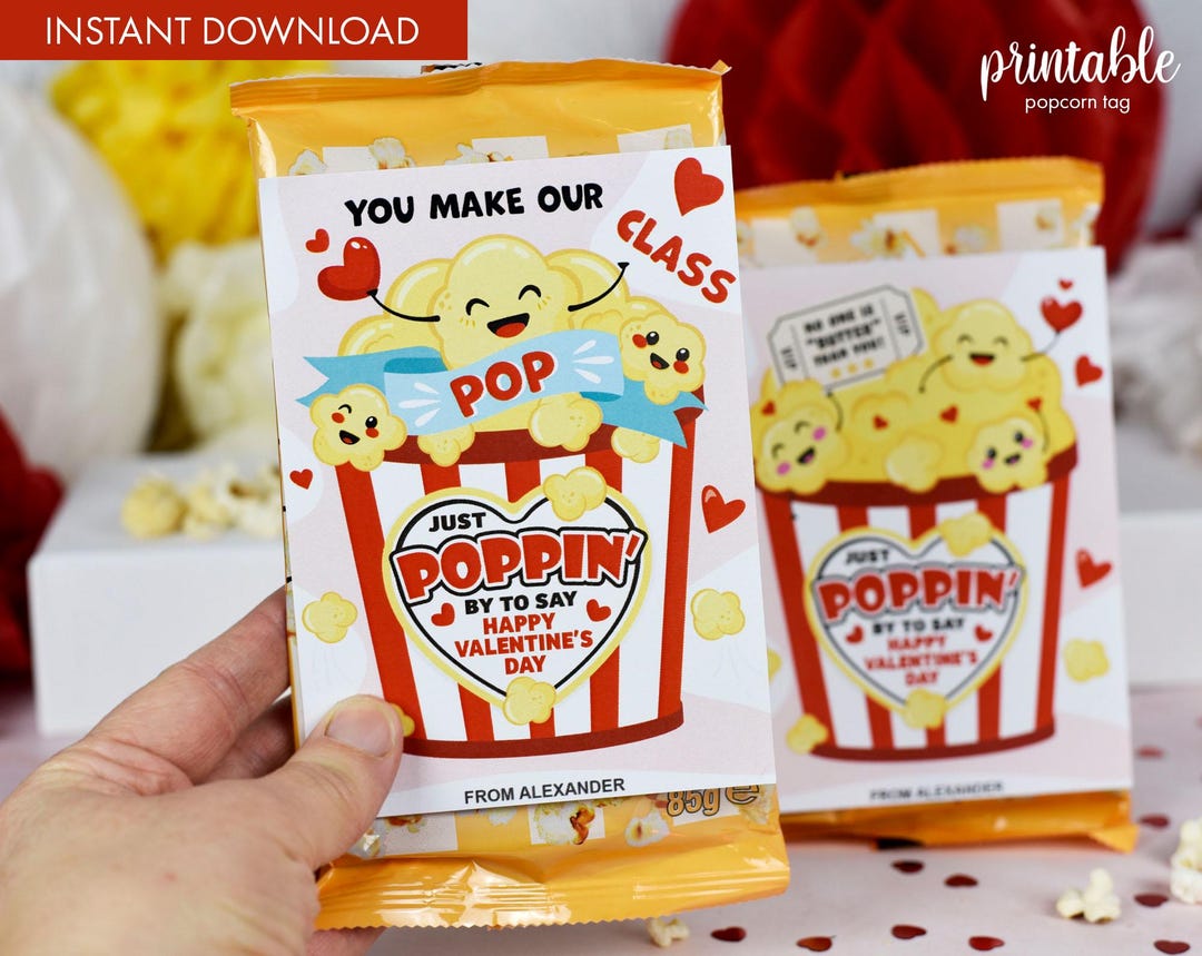 Printable Valentine's Day Popcorn Tags | Valentines Classroom Gift Tags ...