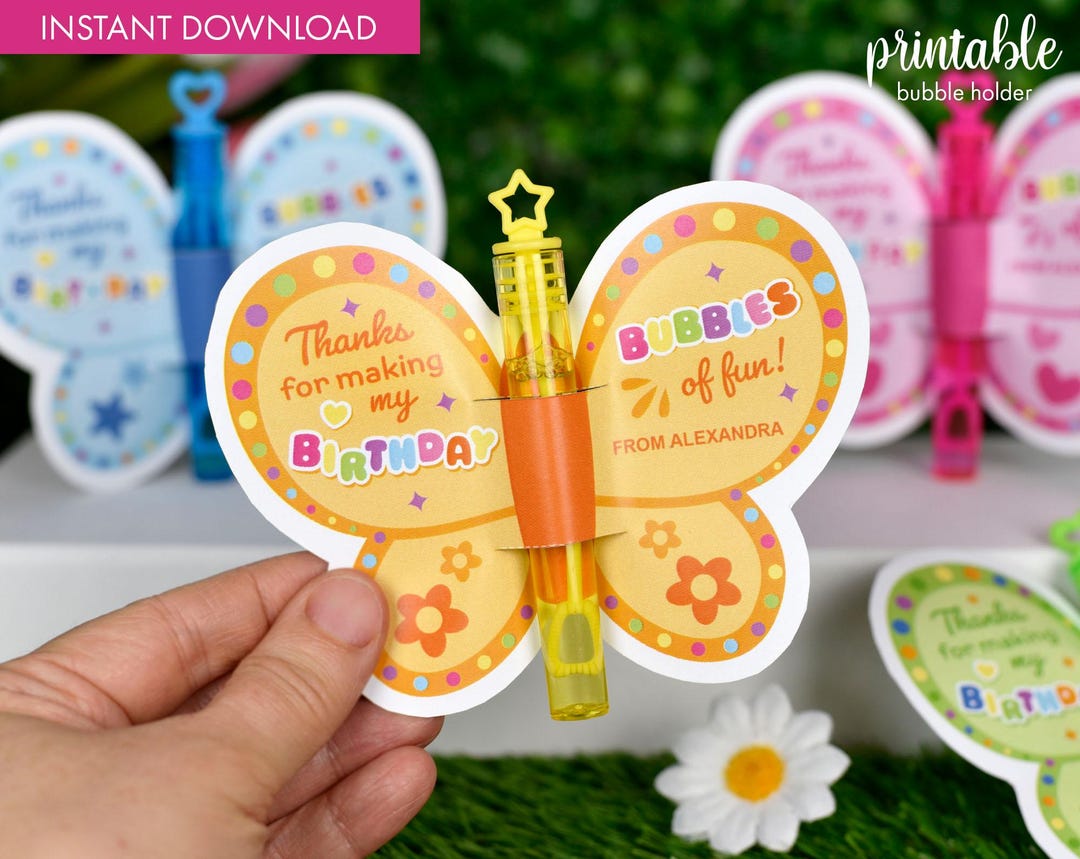 Printable Birthday Party Favor Mini Bubbles Holder | Butterfly Tag for ...