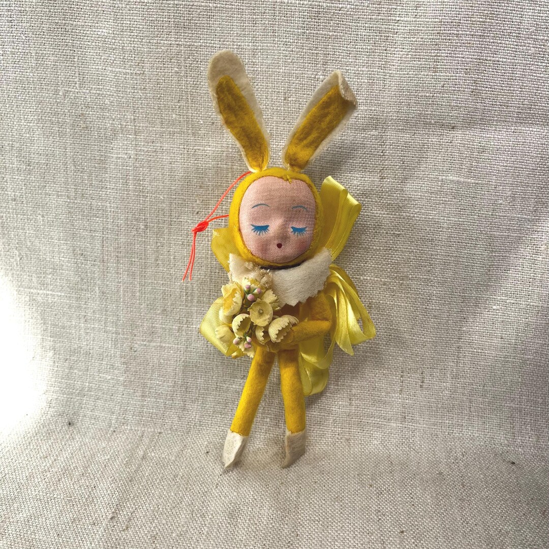 Vintage Yellow Pixie Bunny With Bouquet - Etsy