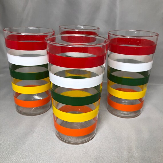 Four Vintage Glass Tumblers With Primary Stripes | Etsy