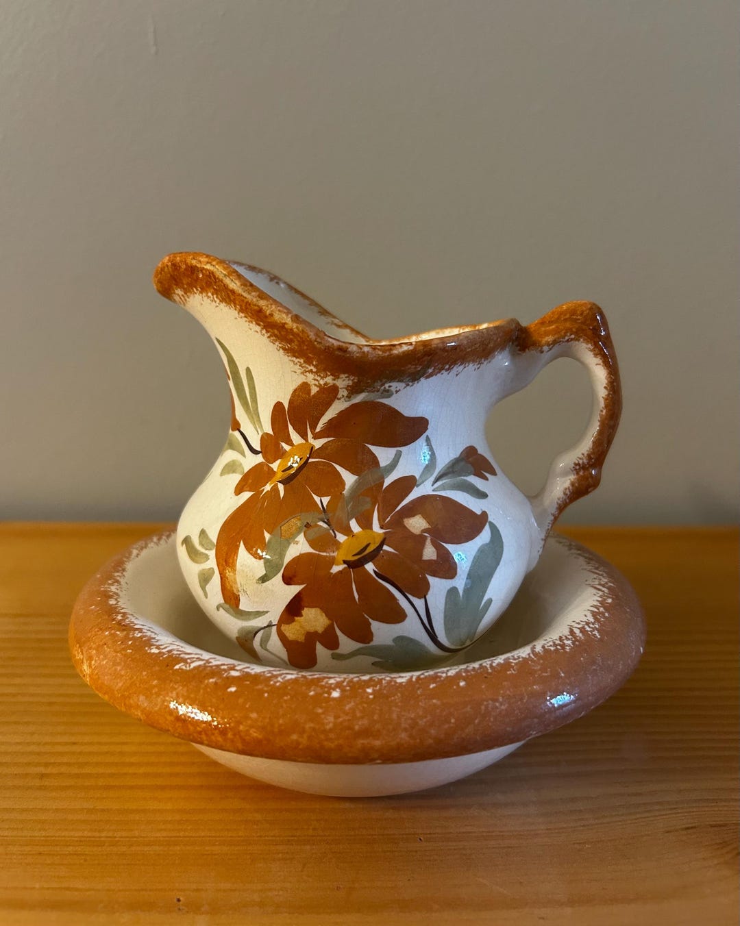 Vintage Hand-painted Blue Ridge Pottery Mini Pitcher & Bowl With Orange ...