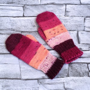 Kids 100% Wool Mittens With Burgundy and Pink Stripes, Hand Knit ...