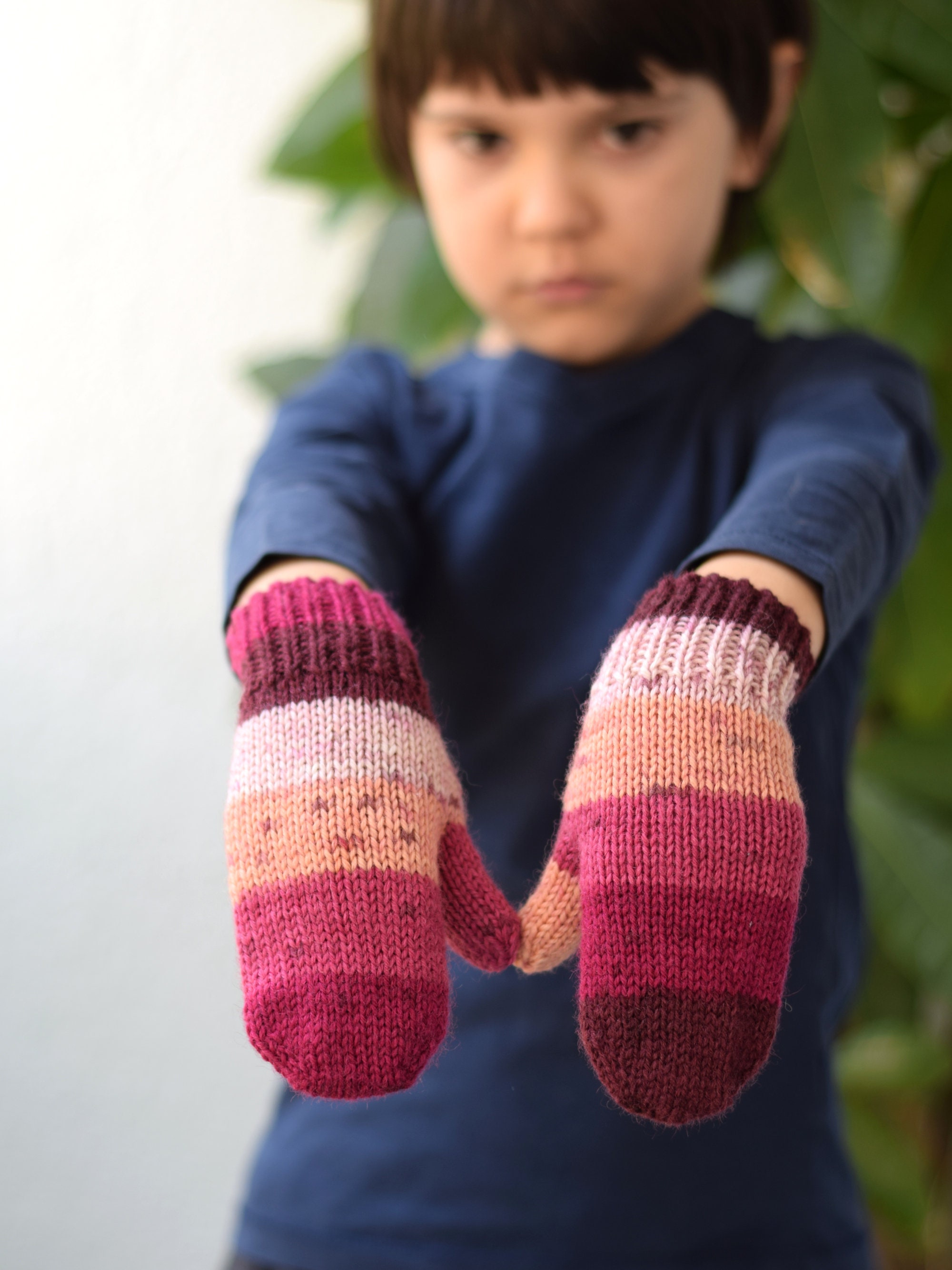 Kids 100% Wool Mittens With Burgundy and Pink Stripes, Hand Knit ...