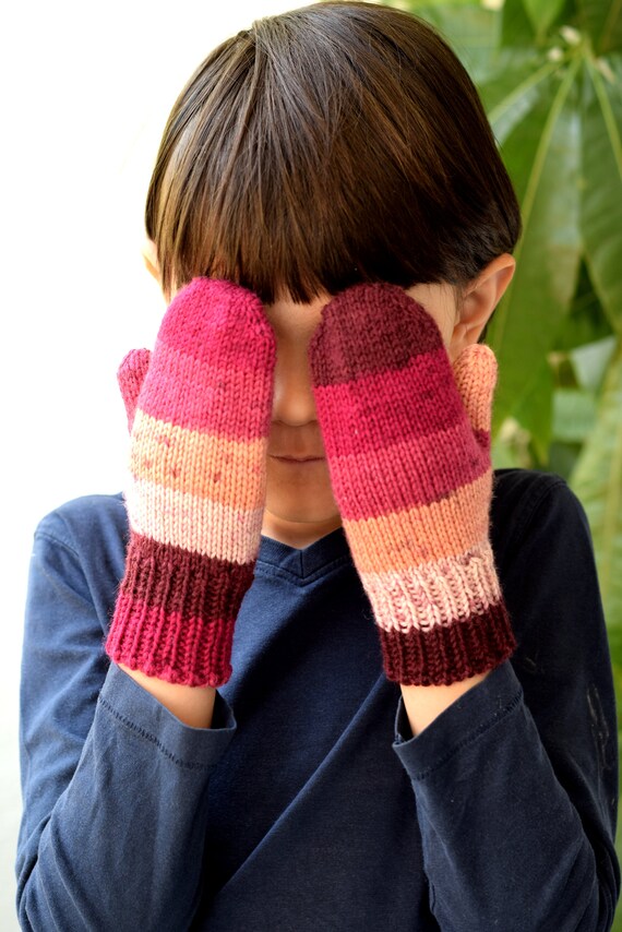 Kids 100% Wool Mittens With Burgundy and Pink Stripes Hand | Etsy