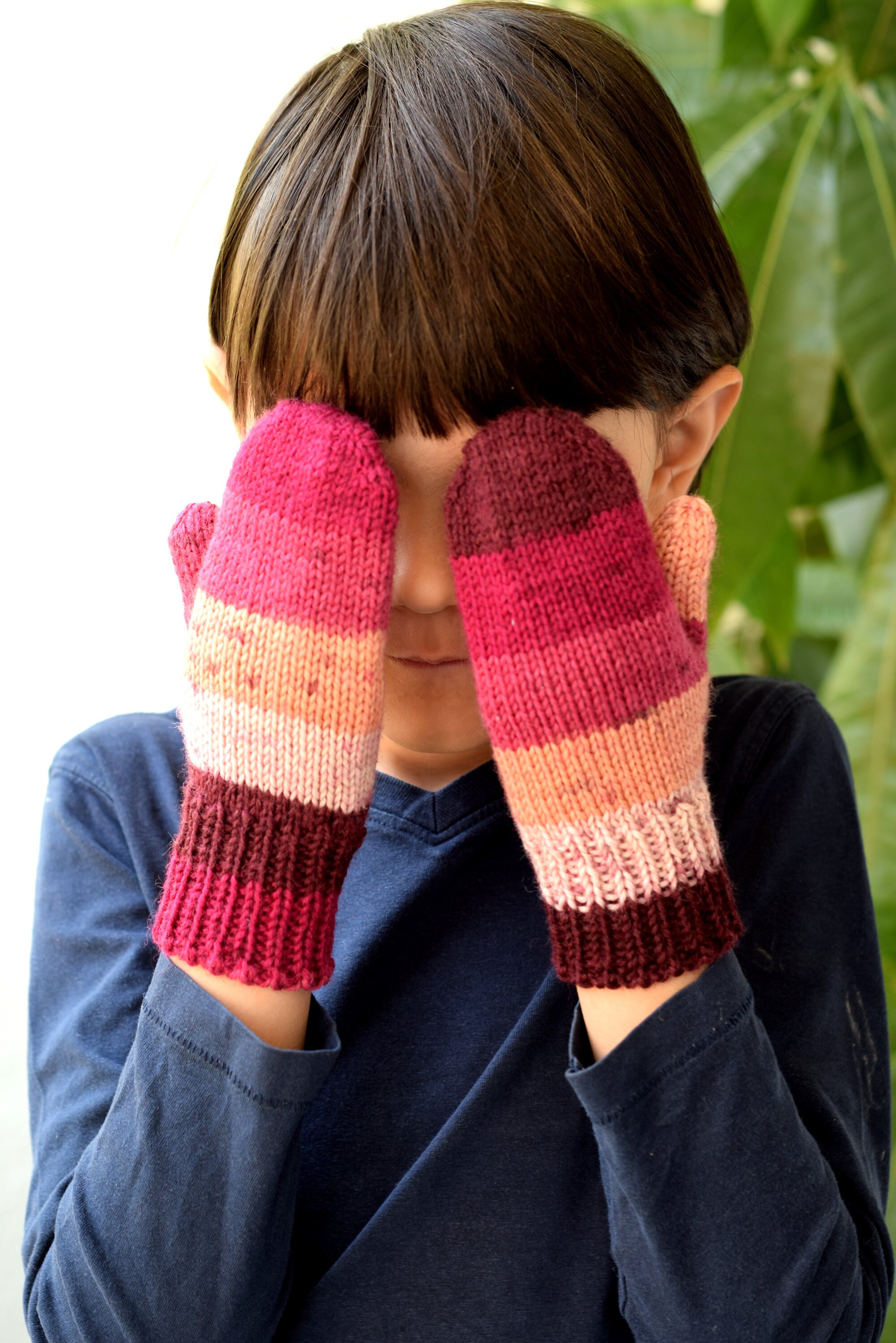 Kids 100% Wool Mittens With Burgundy and Pink Stripes, Hand Knit ...