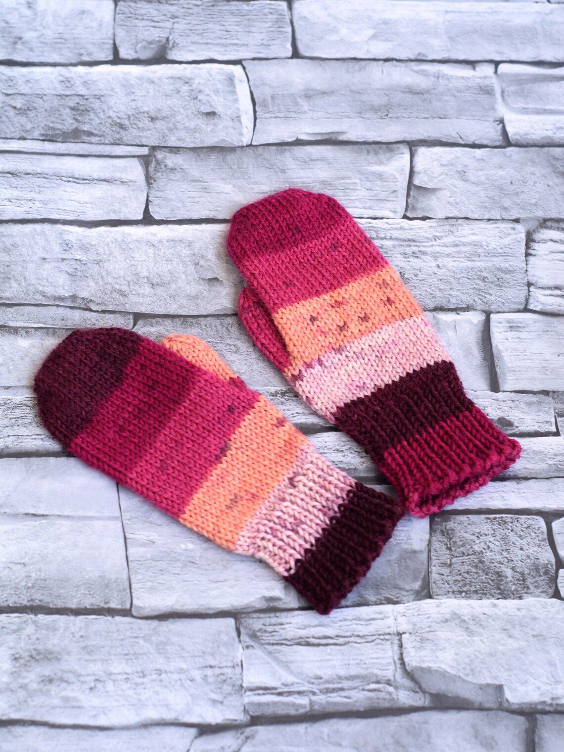Kids 100% Wool Mittens With Burgundy and Pink Stripes Hand - Etsy