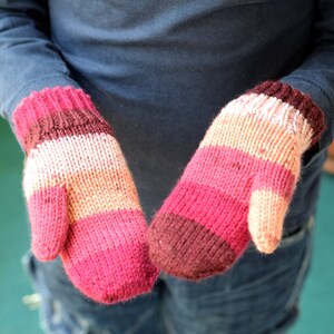 Kids 100% Wool Mittens With Burgundy and Pink Stripes, Hand Knit ...