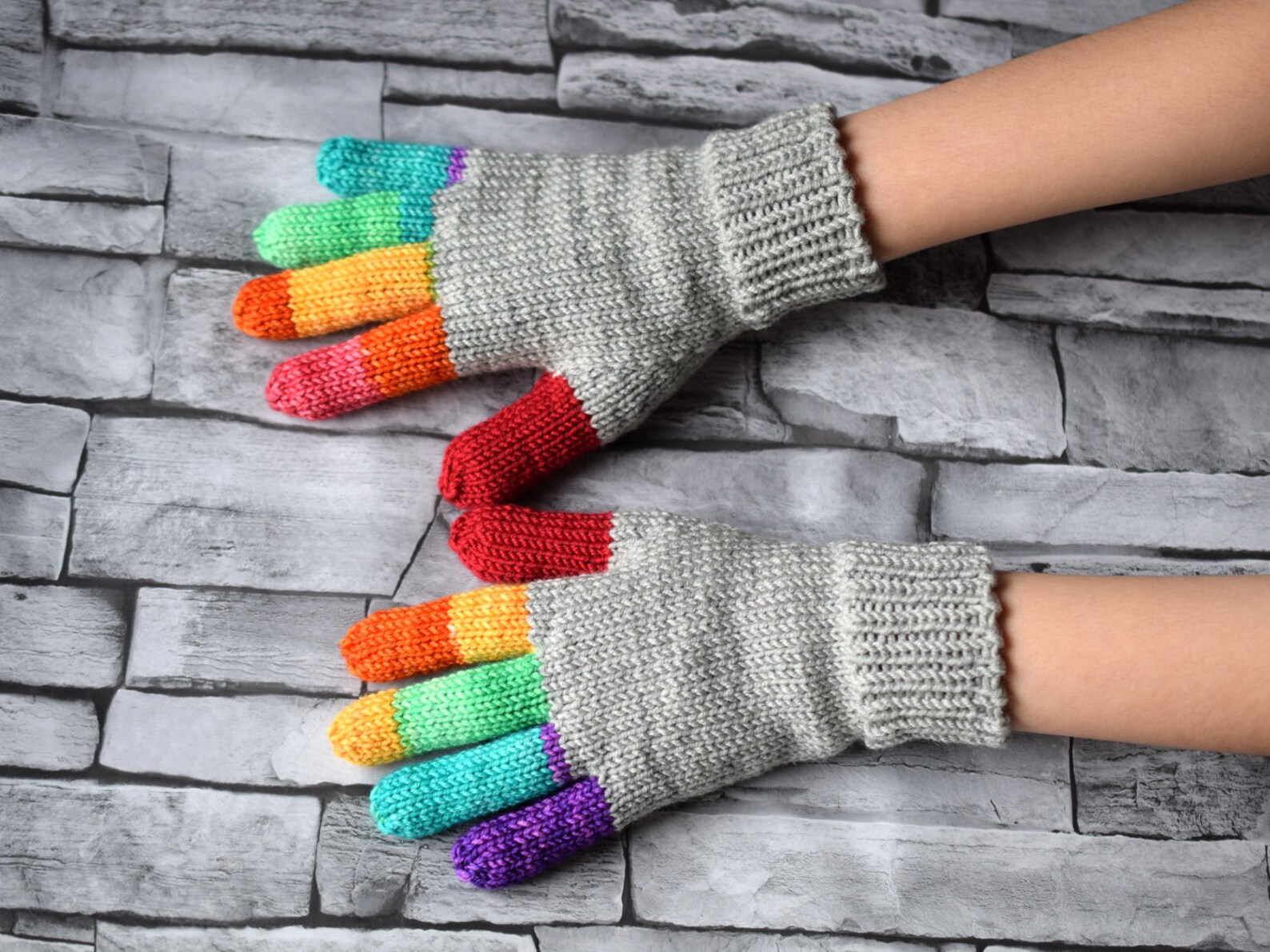 Hand Knit Merino Wool Gloves: Gray With Rainbow Fingers - Etsy