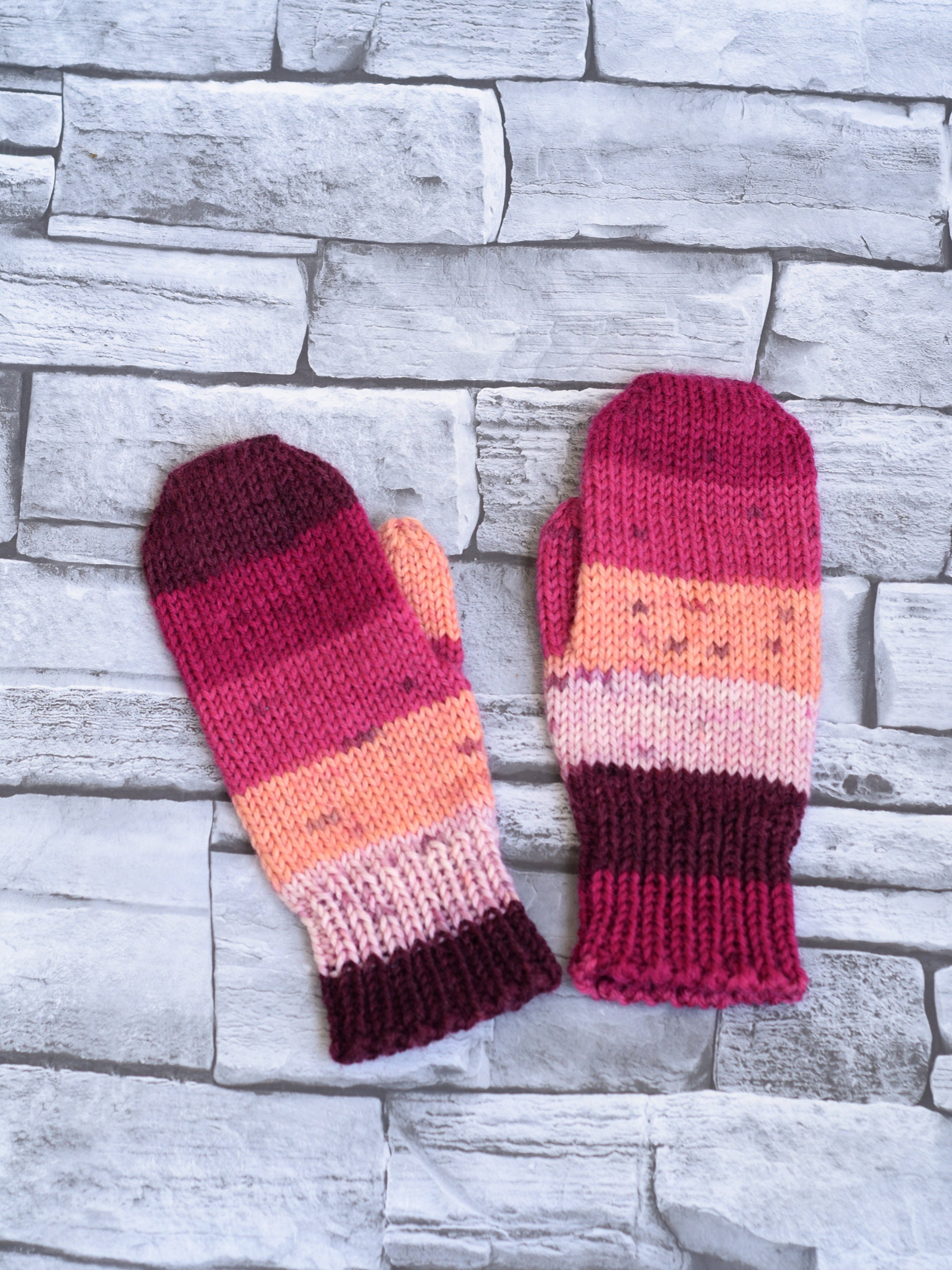 Kids 100% wool mittens with burgundy and pink stripes hand | Etsy