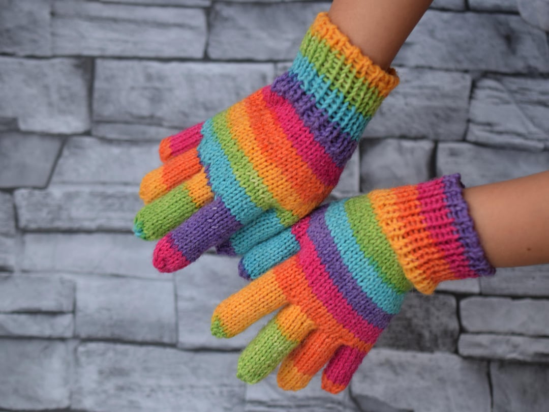 Hand Knit Rainbow Wool Gloves: Striped Winter Gloves, Choose Your ...