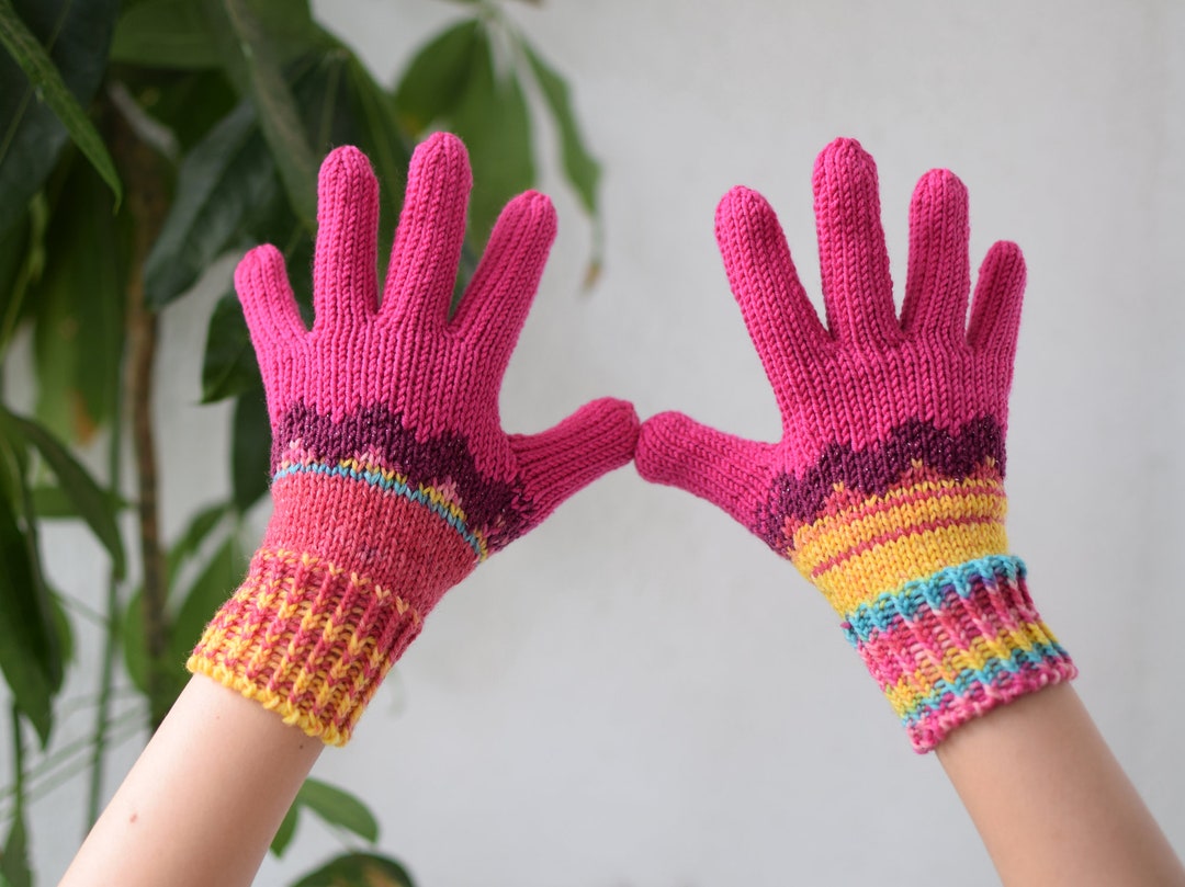 Hand Knit Wool Gloves With Chevron Pattern, Magenta and Yellow Gloves ...