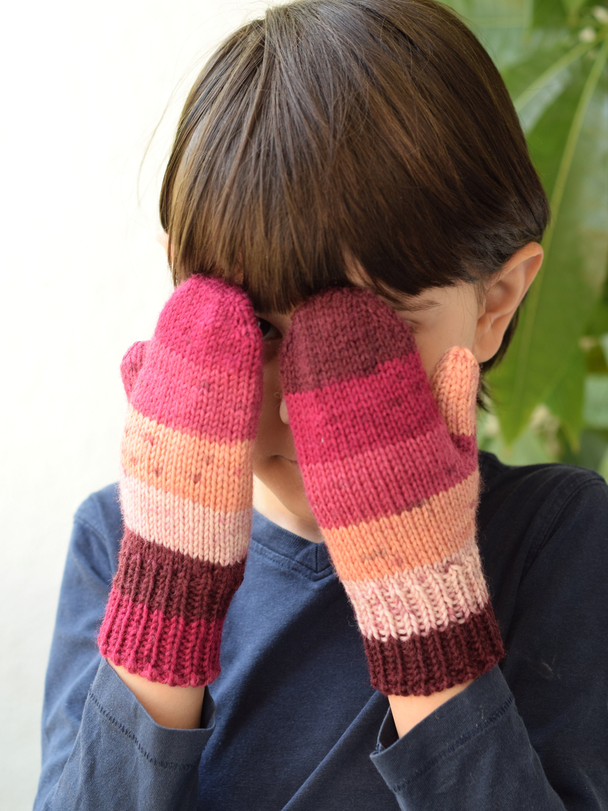 Kids 100% wool mittens with burgundy and pink stripes hand | Etsy