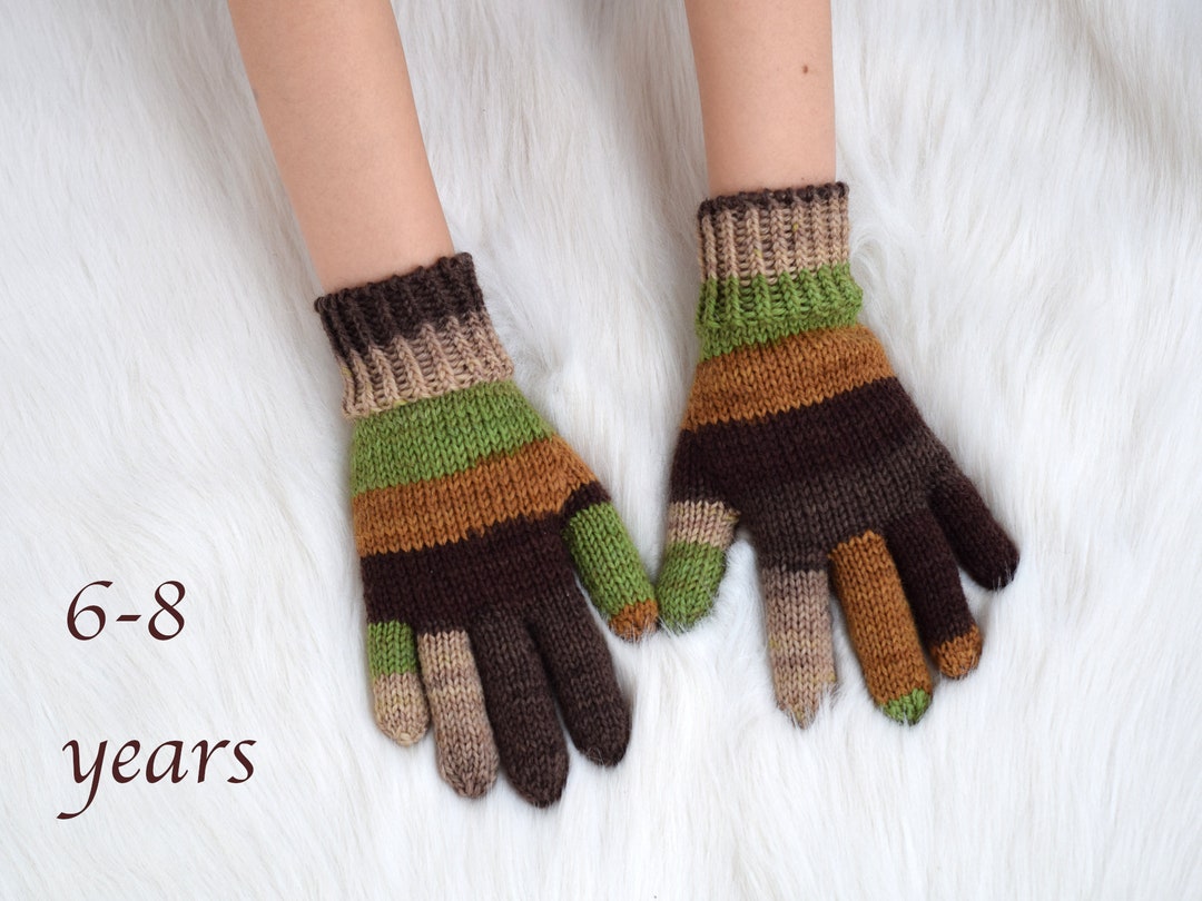 Wool Winter Gloves, Kid's Gloves in Brown and Green Shades, Thick Hand ...