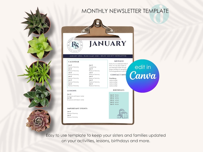 Relief Society Newsletter Template: Editable Calendar, Lesson Schedule ...