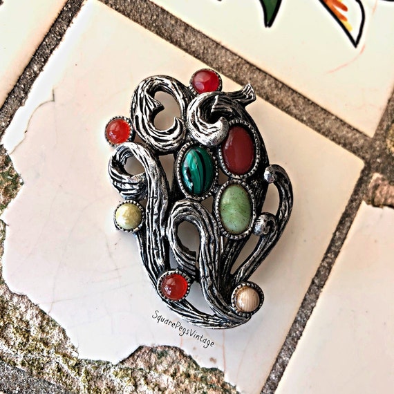 Vintage MIRACLE Brooch Pin Earthtones Floral Silver T… - Gem