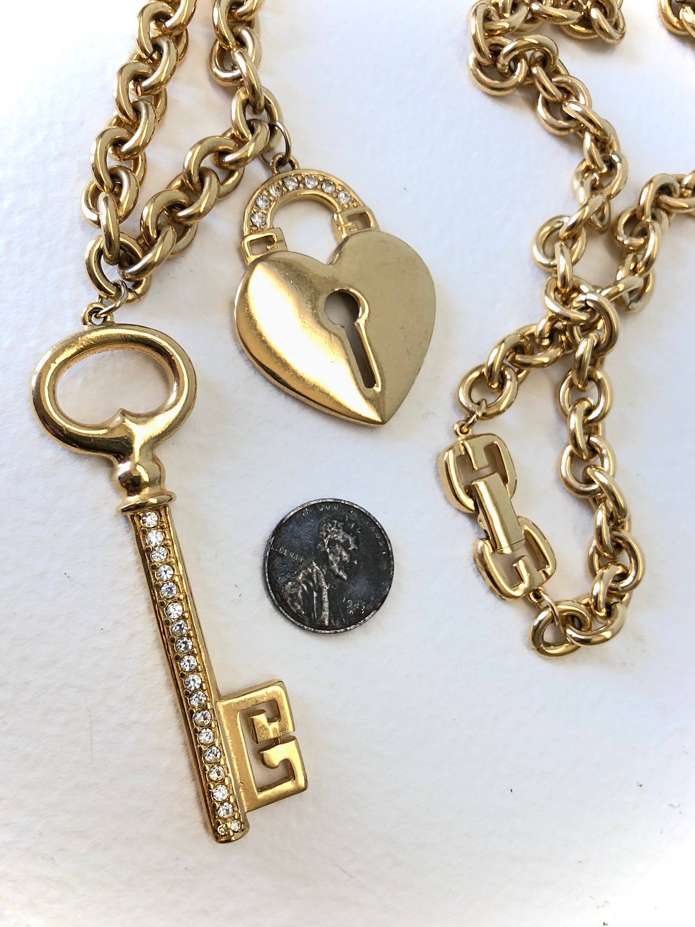 Vintage GIVENCHY Paris New York Heart & Key Chain Necklace With ...