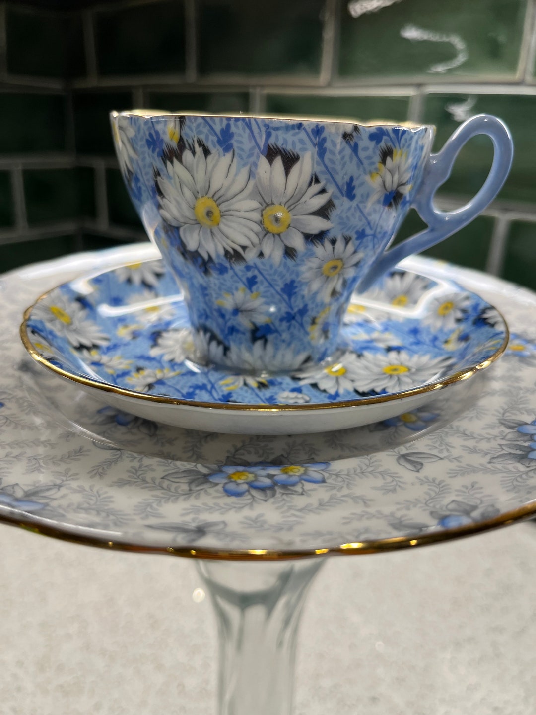 Blue, White and Yellow Daisy Teacup Bird Bath - Etsy