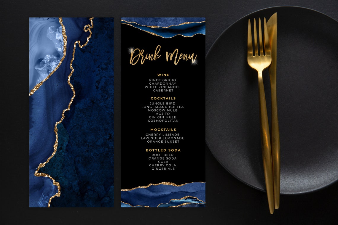 Blue and Gold Menu Card Menu Template and Drink Menu Event | Etsy