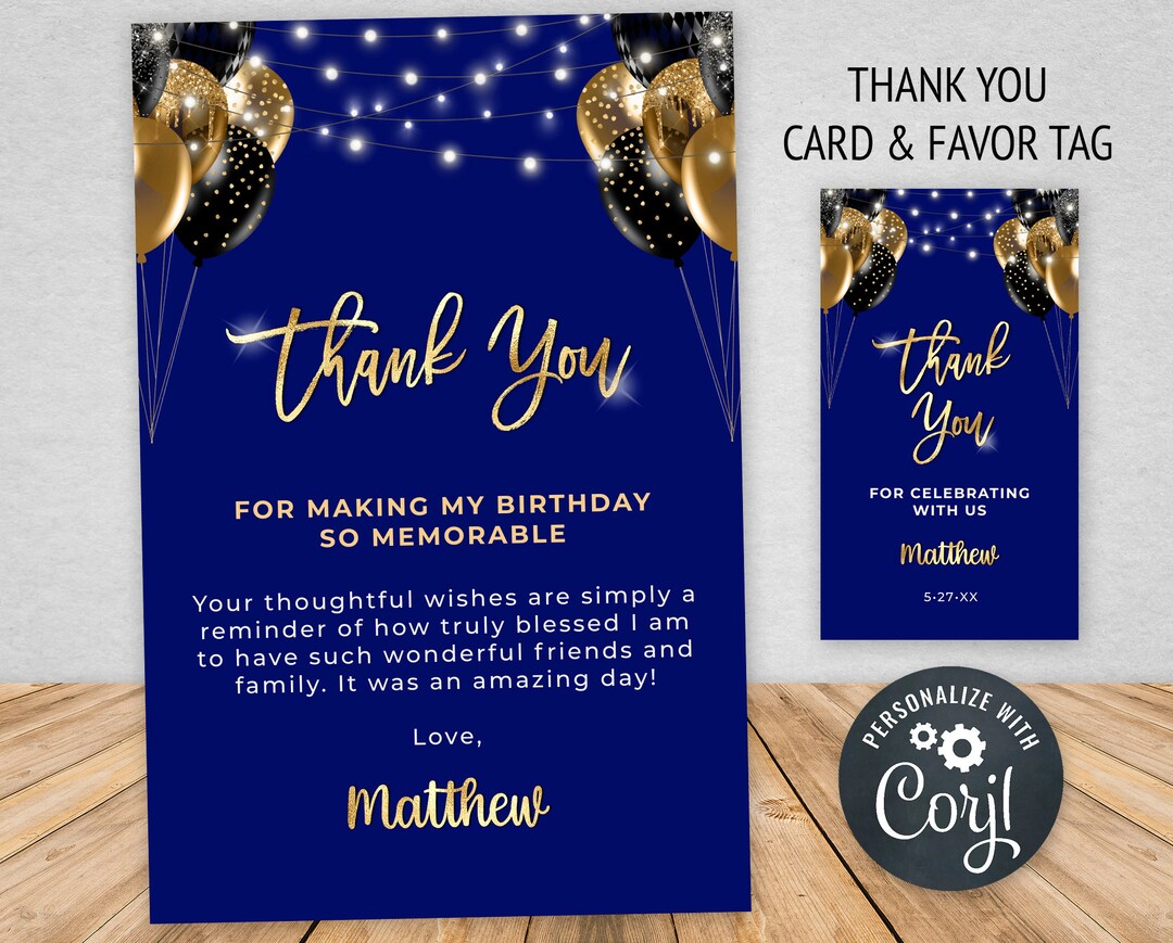 Navy Blue and Gold Editable Thank You Card + Tag Template - Digital ...