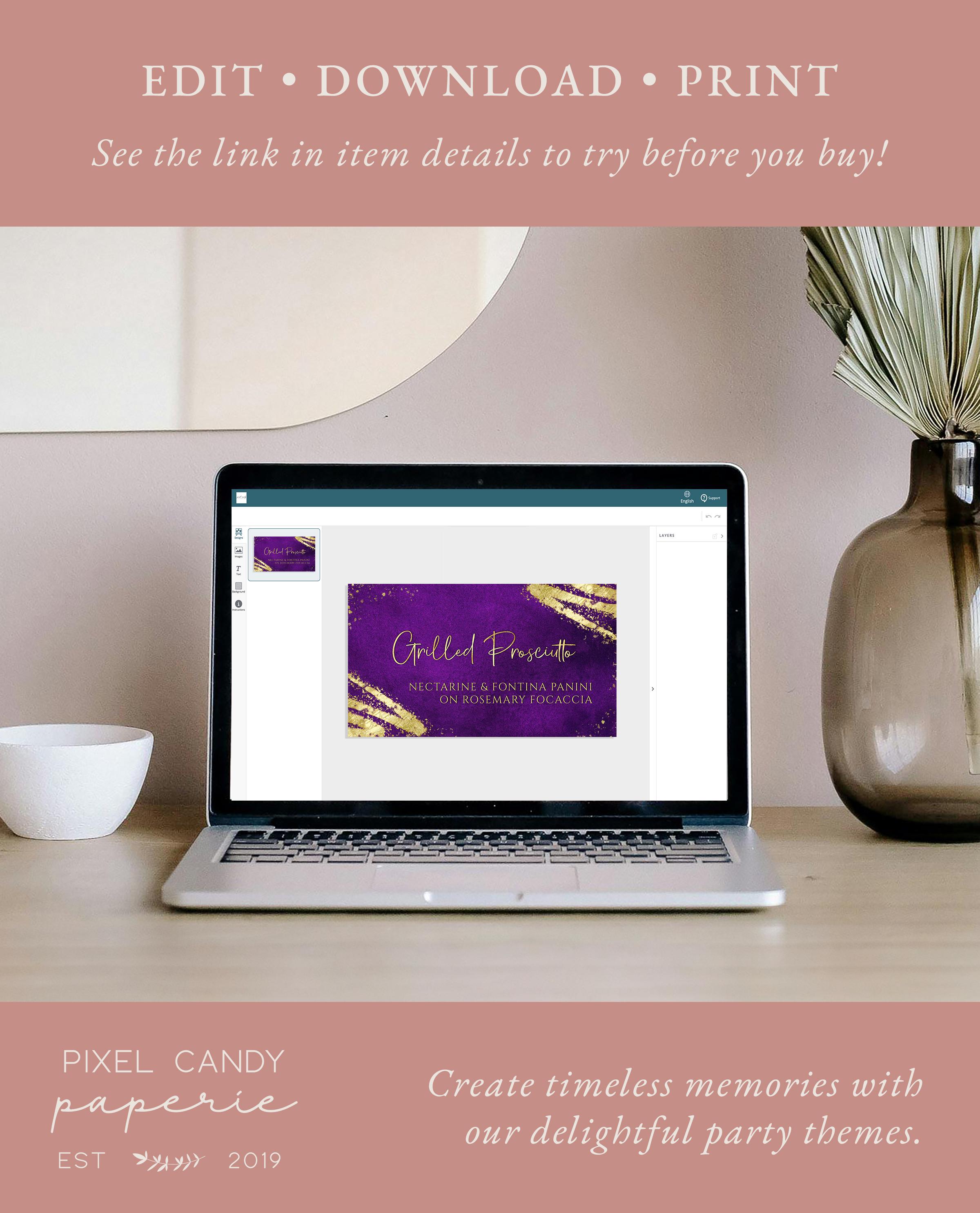 Purple and Gold Food Label Buffet Card - Tent Card Template - Digital ...