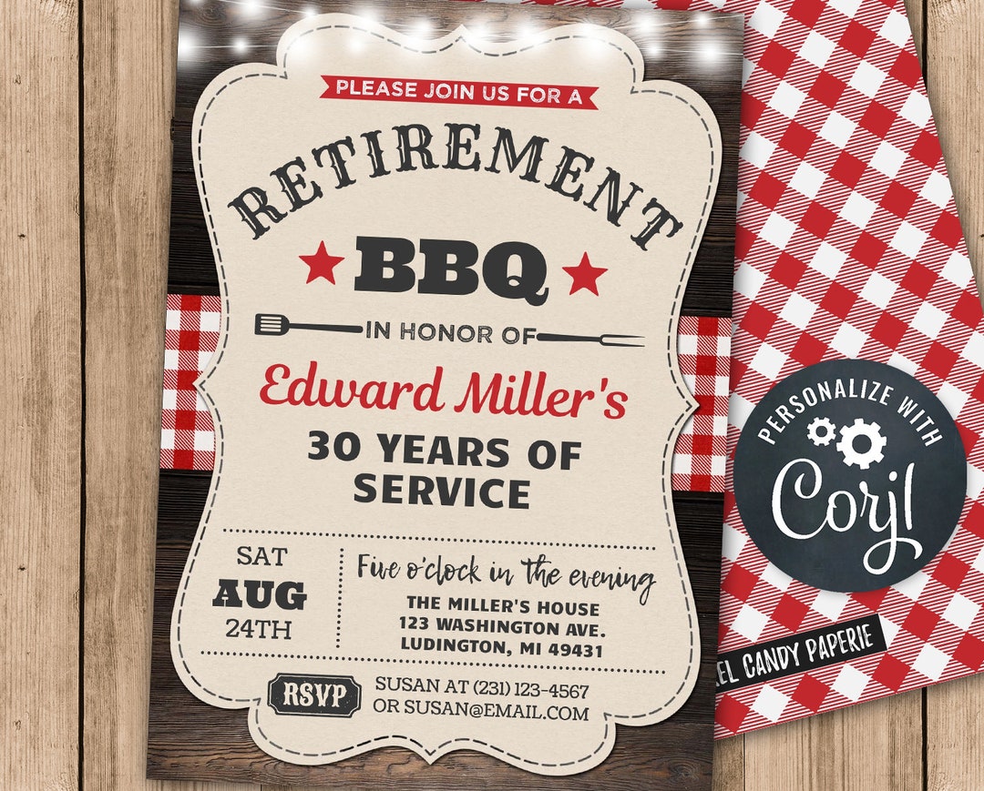 Retirement BBQ Invitation Party Invite Retire Rustic Tablecloth ...