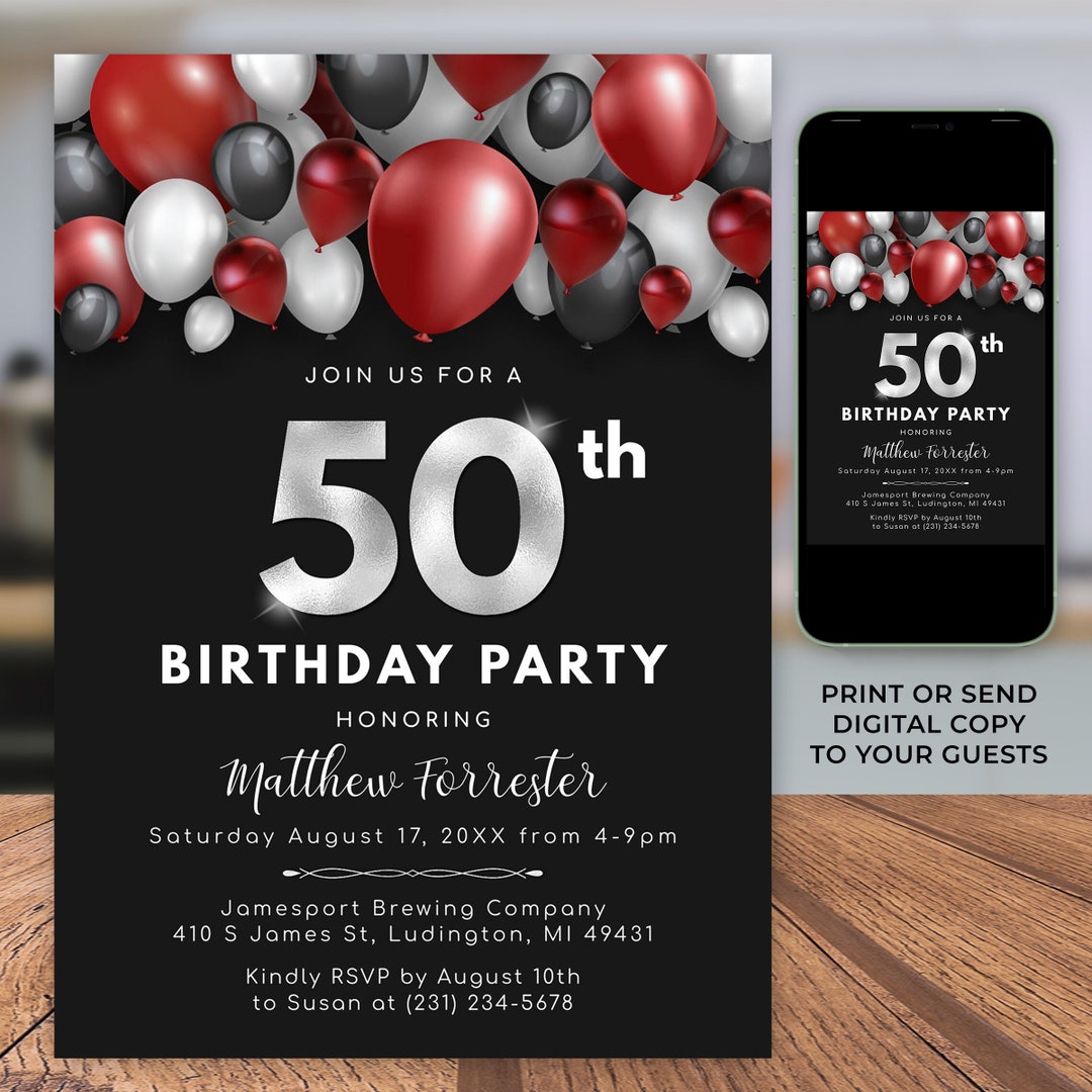 Balloons 50th Birthday Invitation - Adult FIFTY Birthday Invite - Red ...