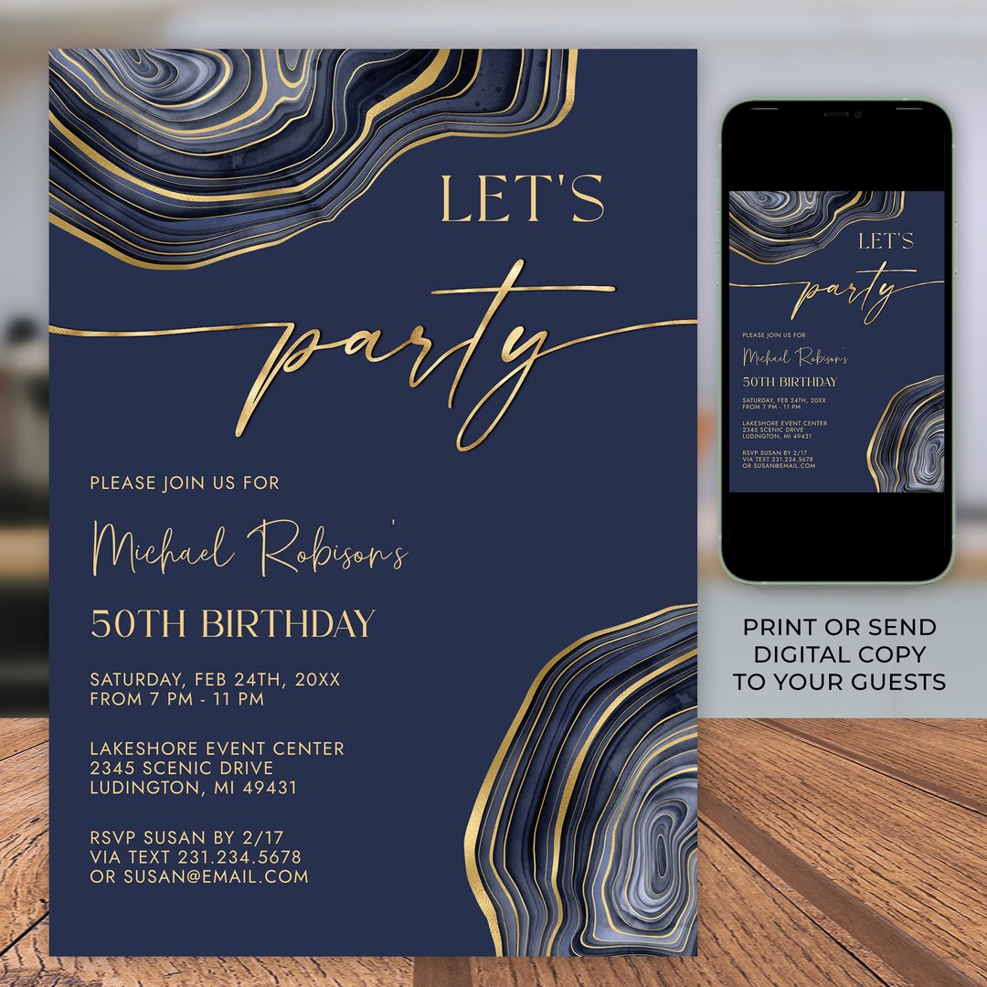 Editable Navy Blue and Gold Birthday Party Invitation Template - Etsy