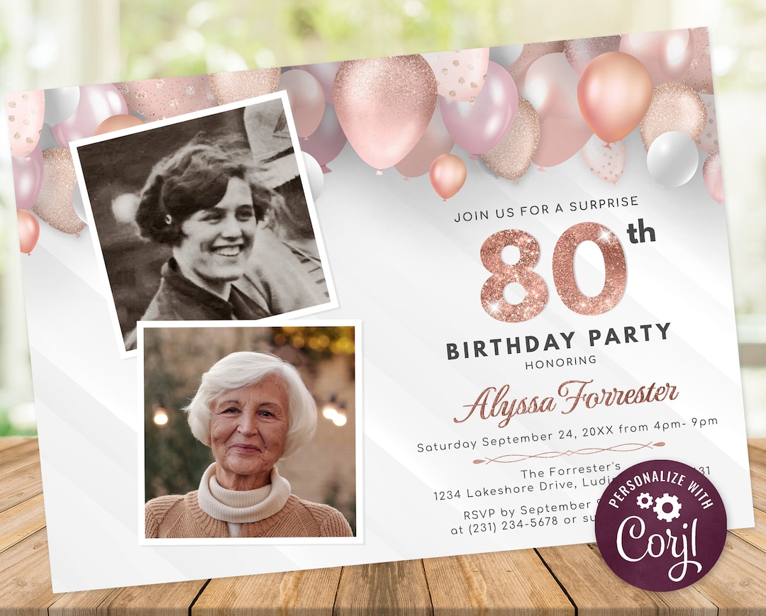 Rose Gold 80th Birthday Invitation With Photo - Two Photo Birthday ...