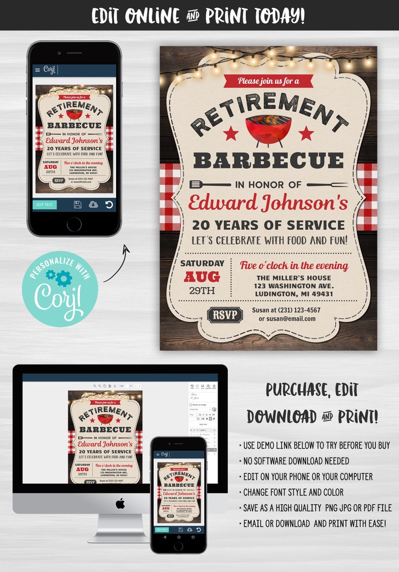 Retirement BBQ Invitation BBQ Party Invite Retire Rustic Barbecue ...