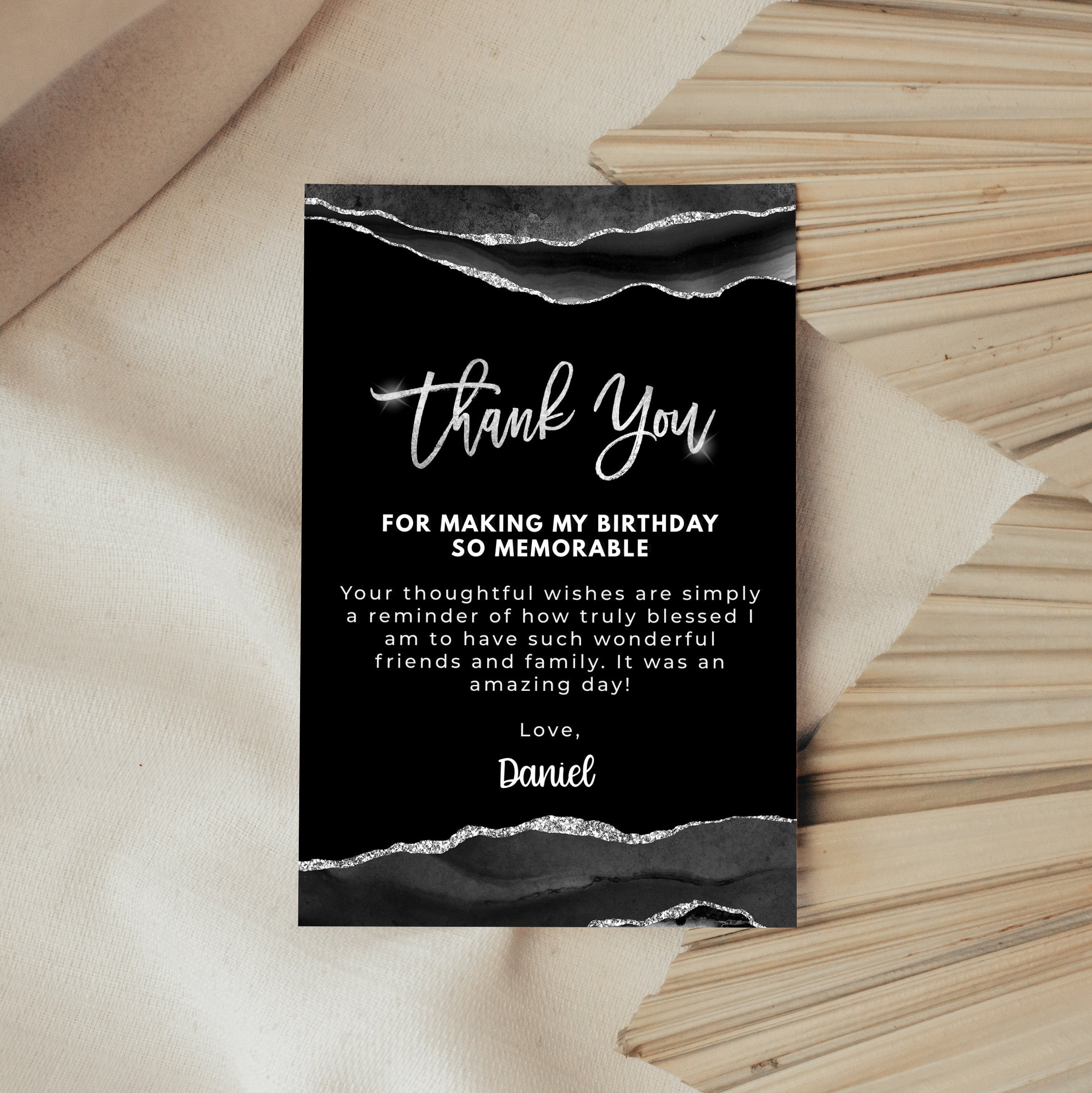 Black and Silver Thank You Card and Gift Tag Template, Glitter Sparkle ...
