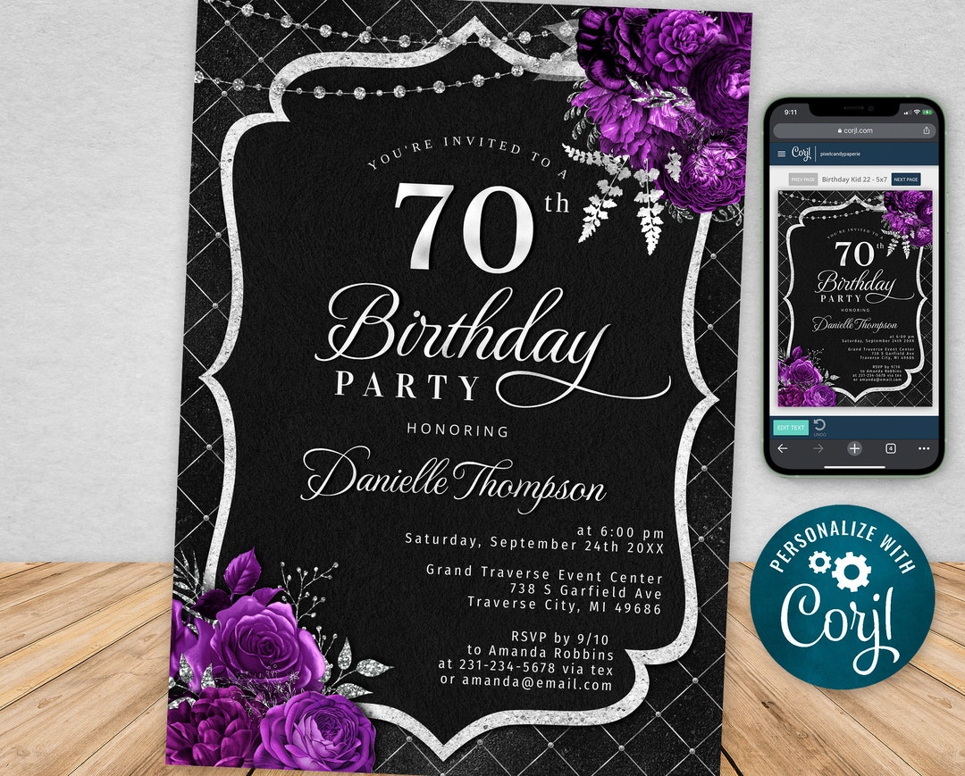 70th Birthday Invitation Template - Elegant Invite - Black With Silver ...