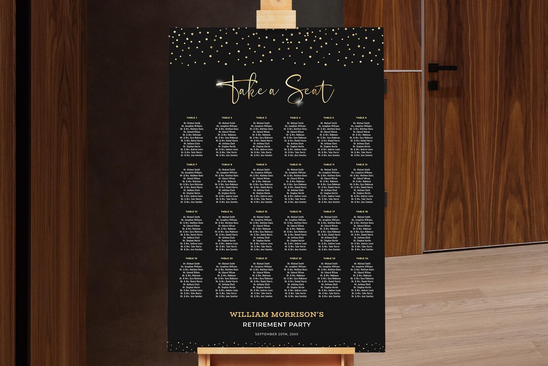 Editable Retirement Party Seating Chart - Elegant Black and Gold ...