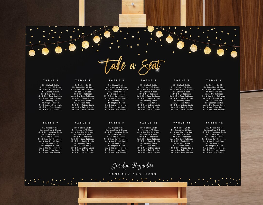 Birthday Seating Chart Black Gold Glitter Lights Party Landscape ...