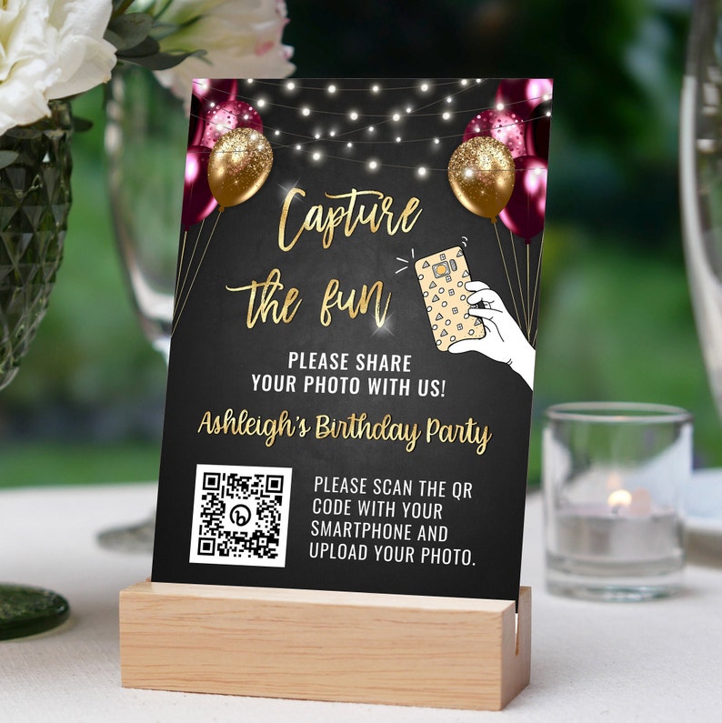 Burgundy and Gold Birthday QR Code Sign Template Capture the - Etsy