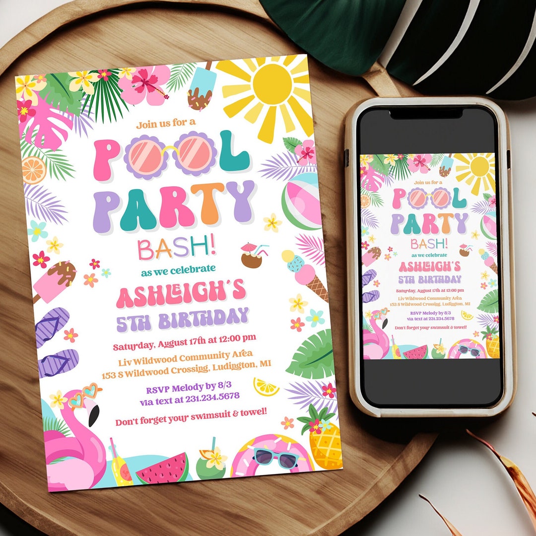 Editable Pool Party Invitation Tropical Theme Summer Birthday Swimming ...
