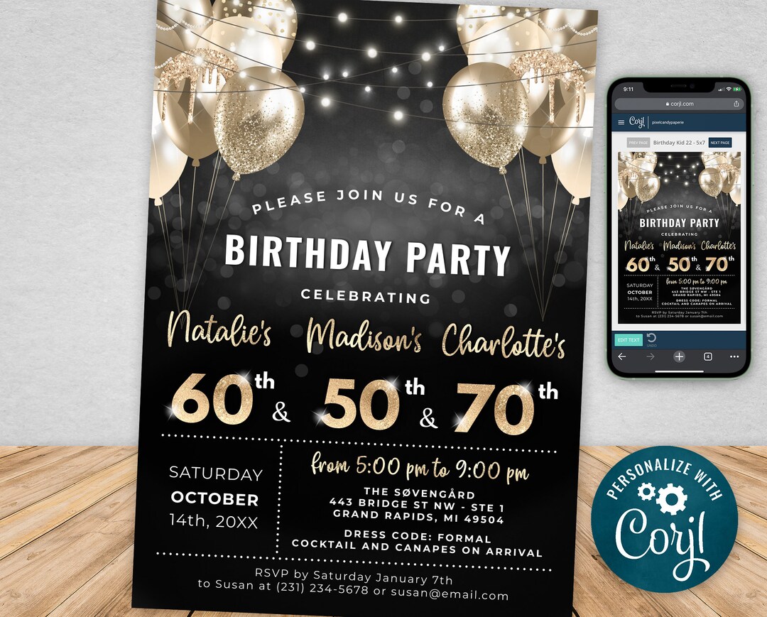 Triple Birthday Invitation Champagne Gold Glitter Sparkle Balloons ...