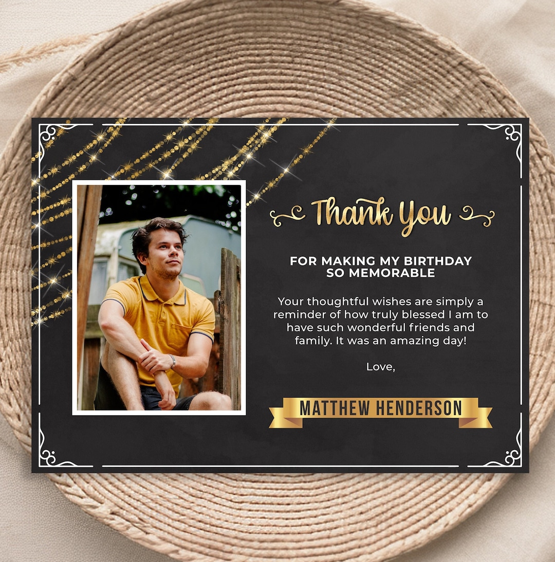 Birthday Thank You Card With Photo - Editable Template - Black Gold ...