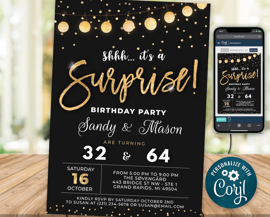 Dual Joint Surprise Birthday Invitation Invite Party ANY AGE Black Gold ...