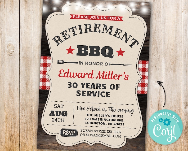 Retirement BBQ Invitation Party Invite Retire Rustic Tablecloth ...