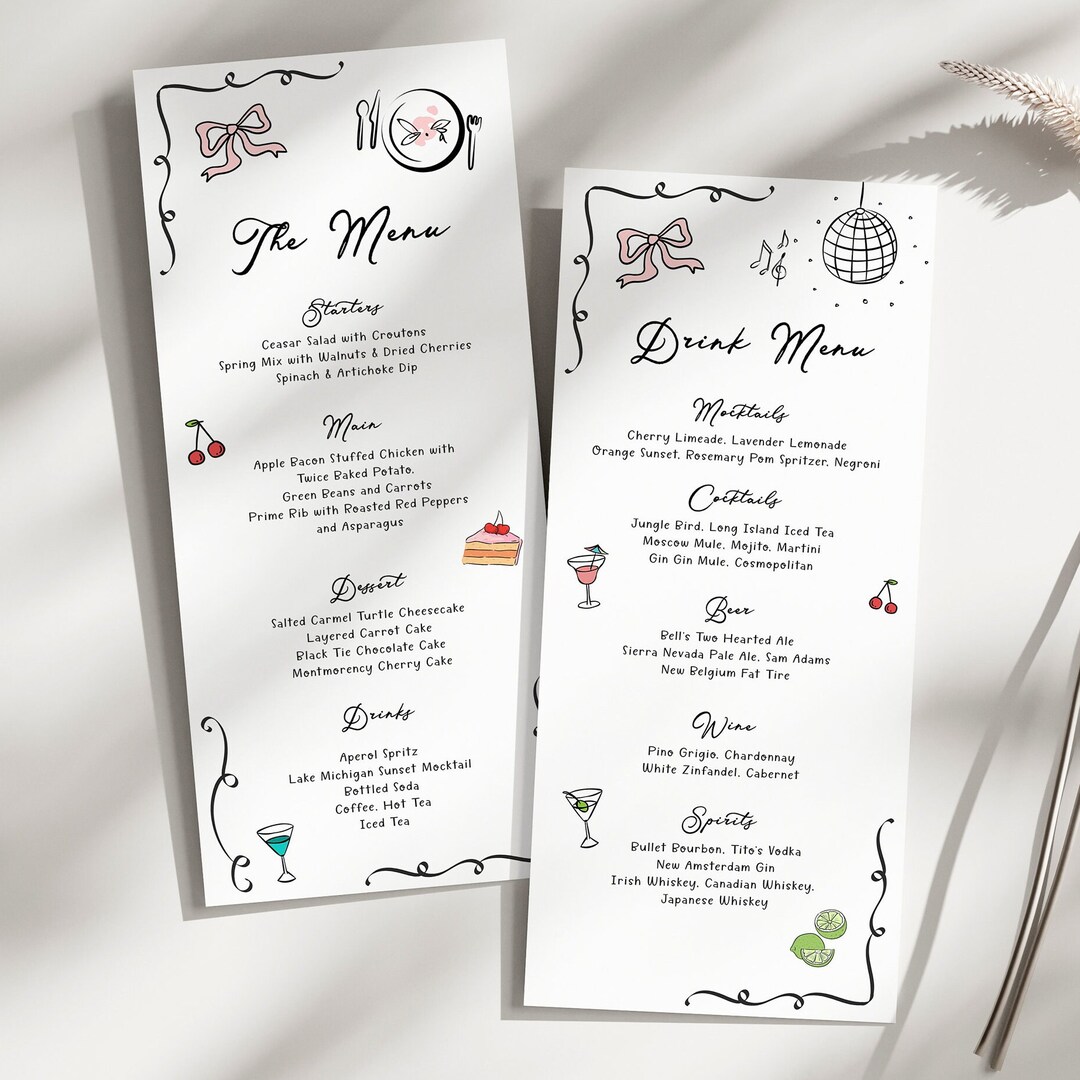 Hand Drawn Dinner + Drink Menu Template Bar Menu Bespoke Coquette ...