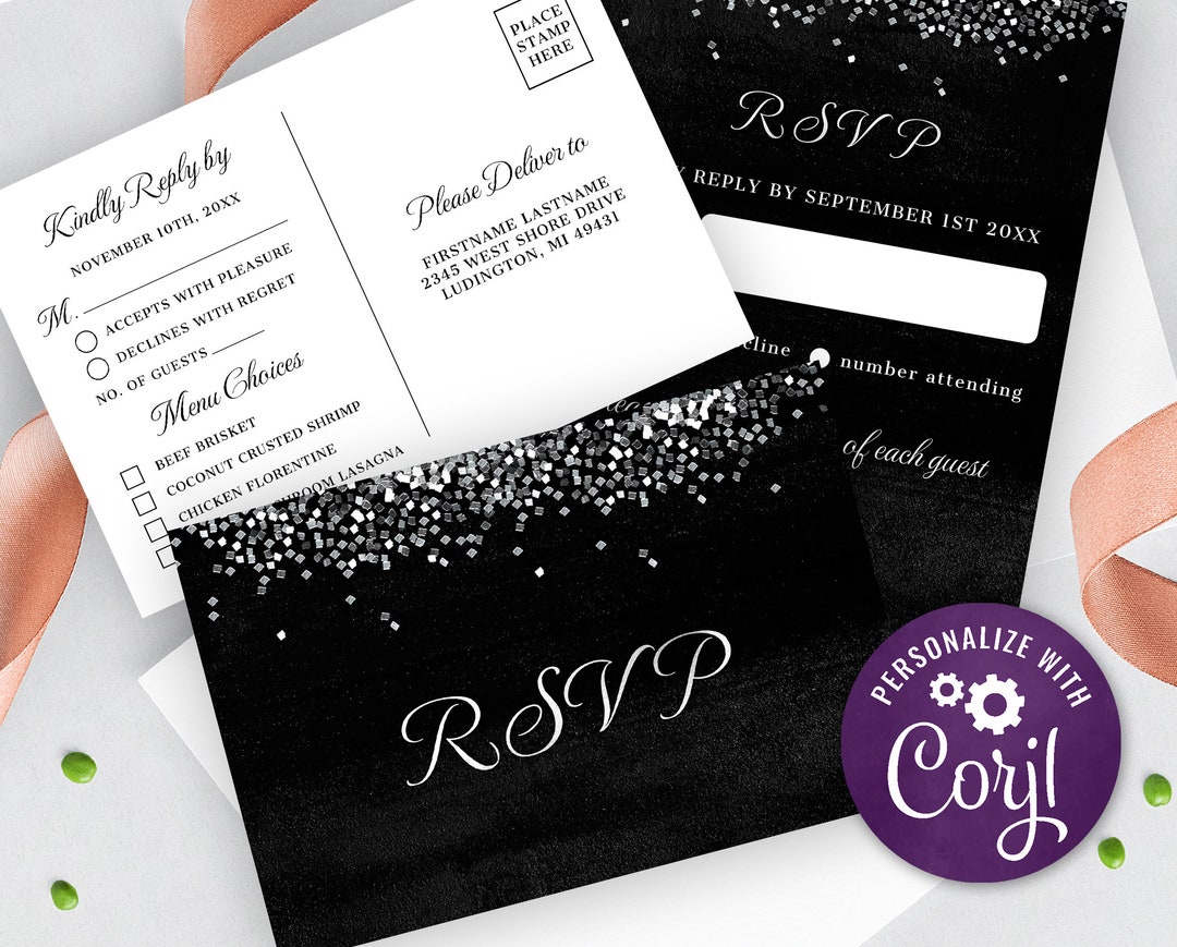 RSVP Card Template Response Card Template Silver Glitter - Etsy