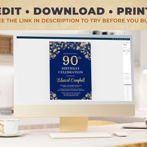 Navy Blue and Gold 90th Birthday Party Invitation Template Digital ...